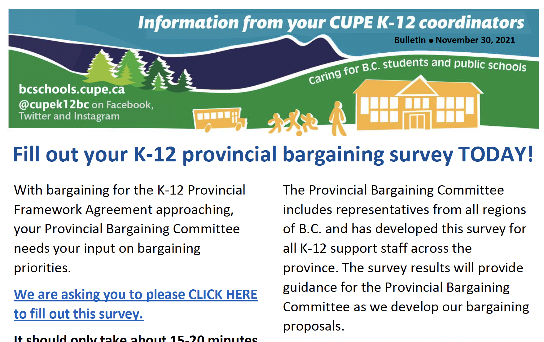 Bulletin - Fill out your K-12 provincial bargaining survey TODAY!