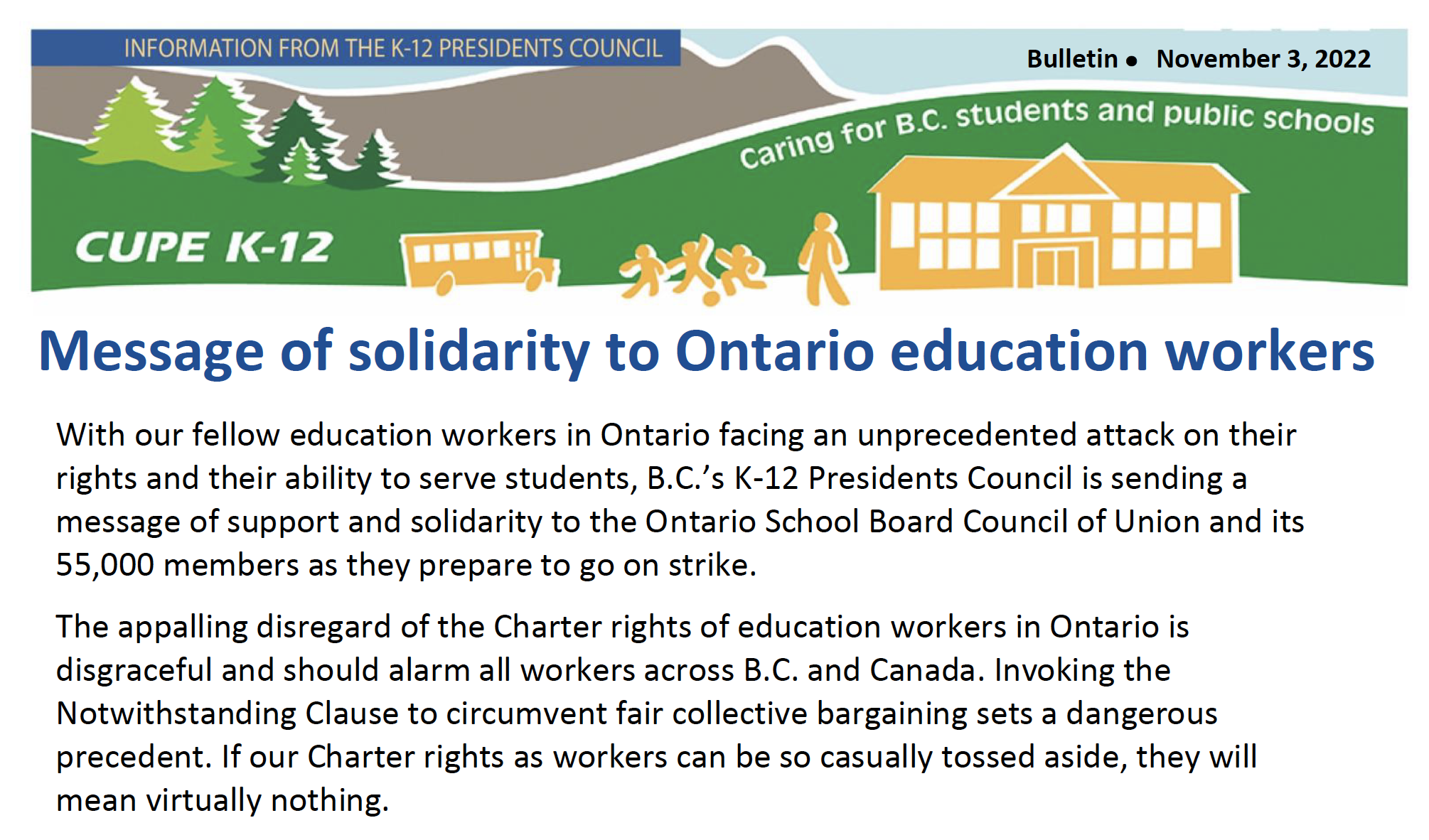 Bulletin - K-12 Presidents Council stands in solidarity with Ontario ...